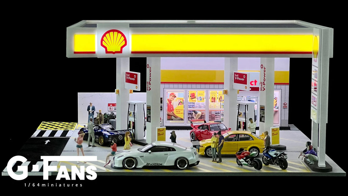 1:64 Shell Petrol Gas Fuel Station Diorama Display with LEDs -- G-Fans