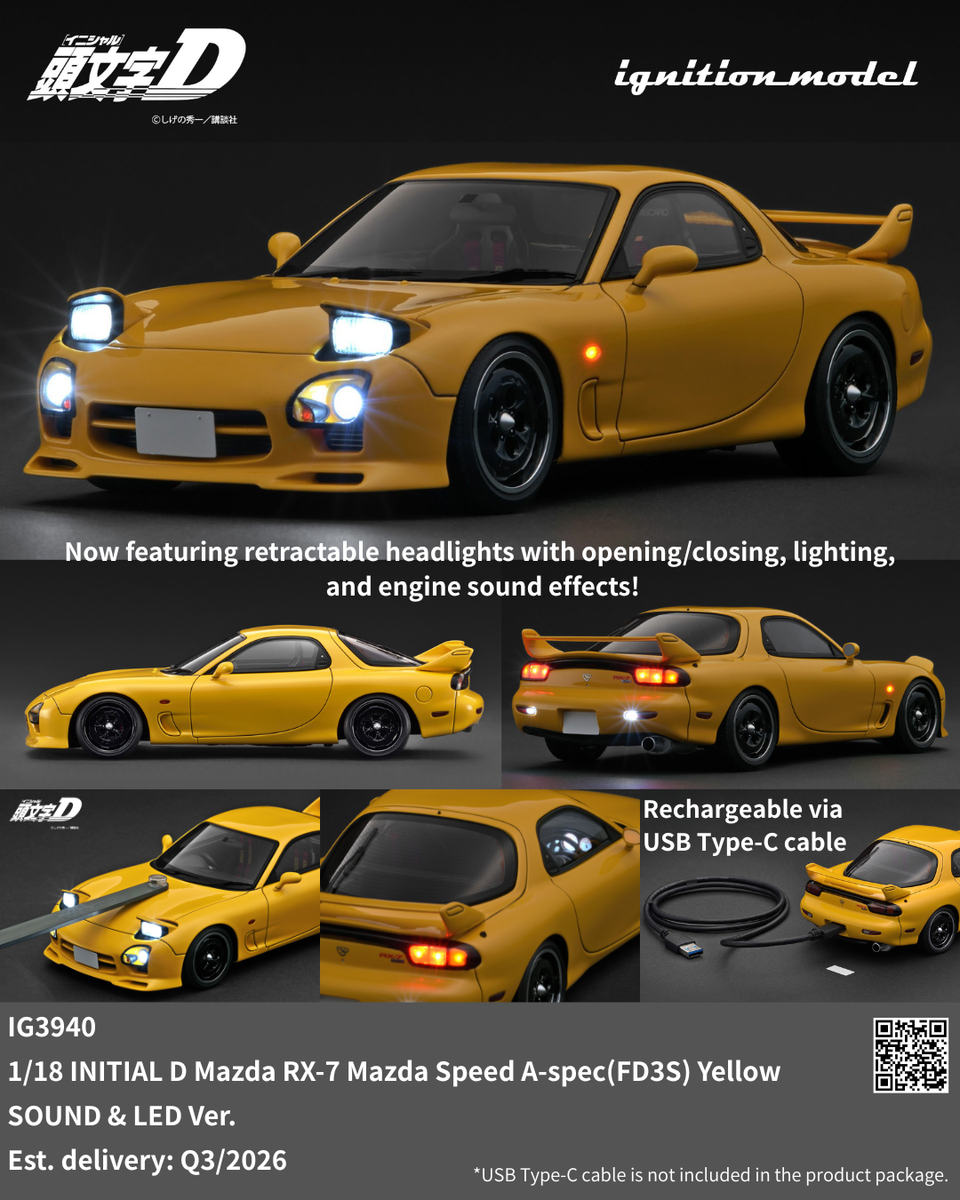 (Pre-Order) 1:18 Initial D w/LED Lights -- Mazda RX-7 (FD3S) Yellow