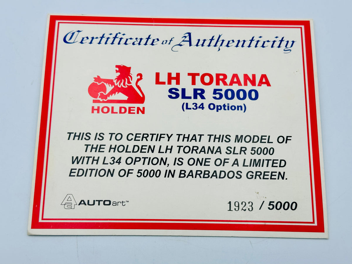 1:18 Holden LH Torana SLR 5000 -- Barbados Green -- COA Only -- Biante