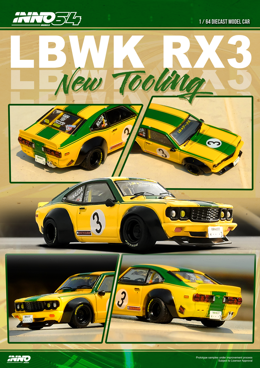 1:64 Mazda RX3 Savanna LBWK Liberty Walk -- Yellow/Green -- INNO64