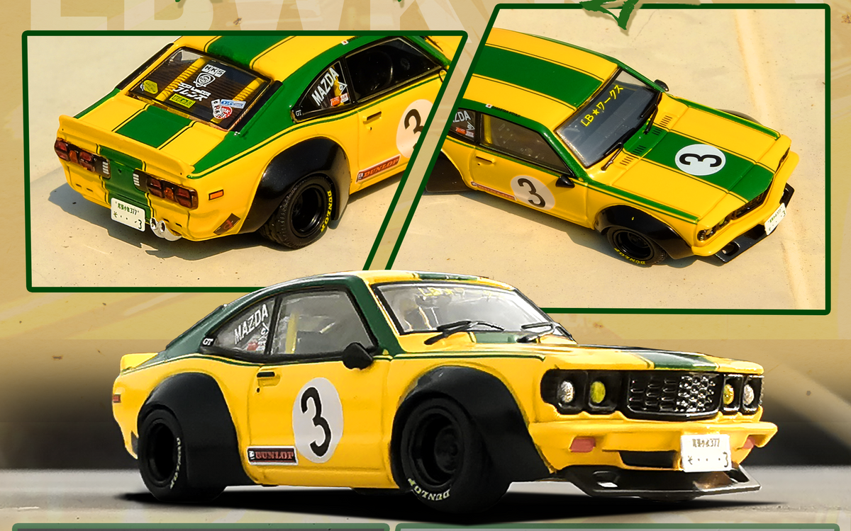 1:64 Mazda RX3 Savanna LBWK Liberty Walk -- Yellow/Green -- INNO64